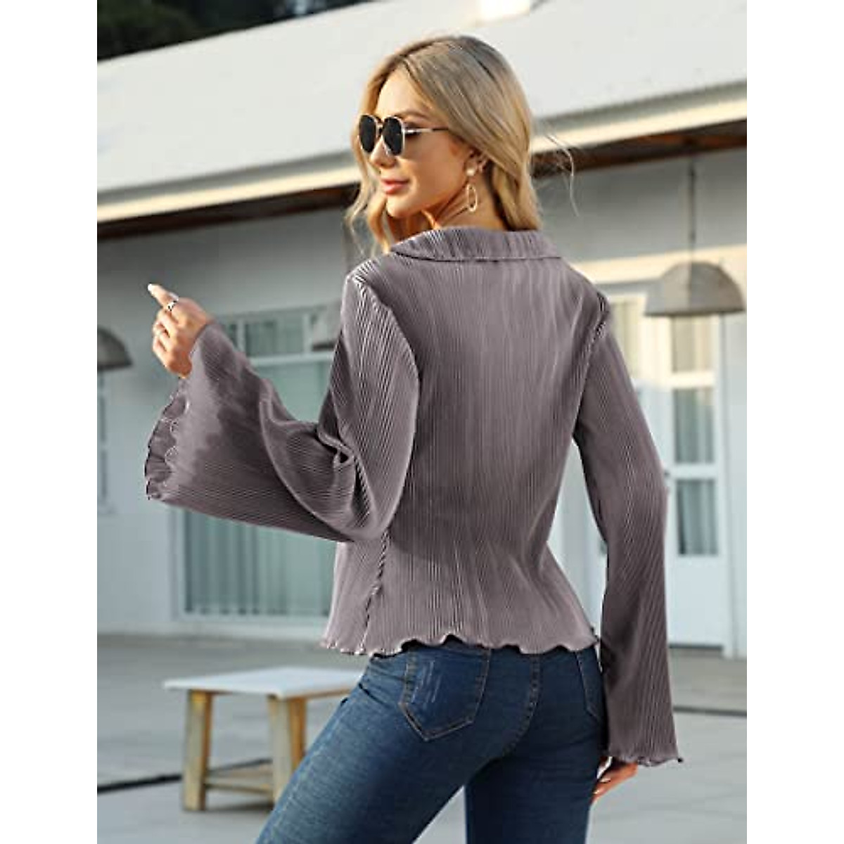 KOJOOIN Women Y2k Tops Deep V Neck Button Down Flare Long Sleeve Crop Tops Plain Casual Shirts Grey Purple