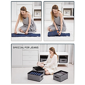 MYTHAUS 3 Pack Large Wardrobe Clothes Organizer, 6 Grid Closet Organizer for Jeans, Pants, T-Shirts, Underwear, Scarf, Foldable Fabric Drawer Organizer Storage Bin with Dual Handles, Black and White