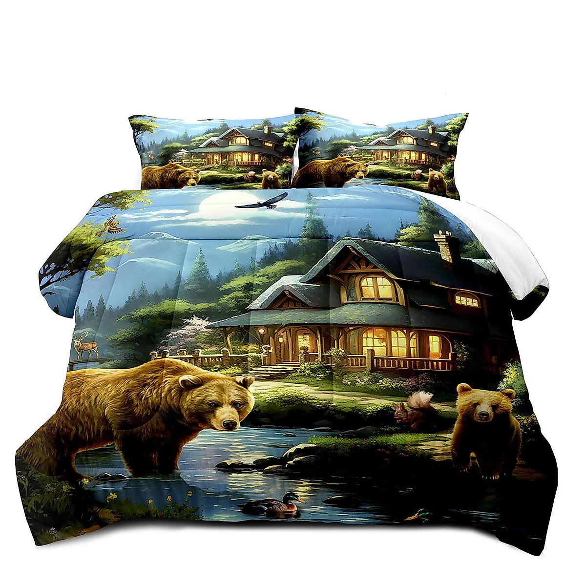 LUVIVIHOME 3PCS Cute Bear Comforter Set King Size, Mallard Duck Deer Squirrel Lake Woodland Forest Animal Wildlife Country Lodge Rustic Farmhouse Cabin Bedding Sets for Kids Boys Girls, 2 Pillow Shams