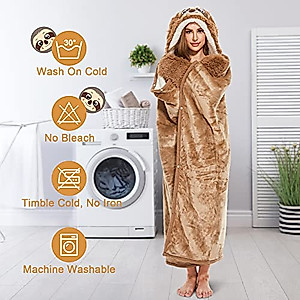 THREE POODLE Sloth Wearable Hooded Blanket Sloth Gifts for Adults Women Kids, Warm and Cozy Wearable Sloth Blanket Hoodie, Premium Sloth Bedding Sloth Throws