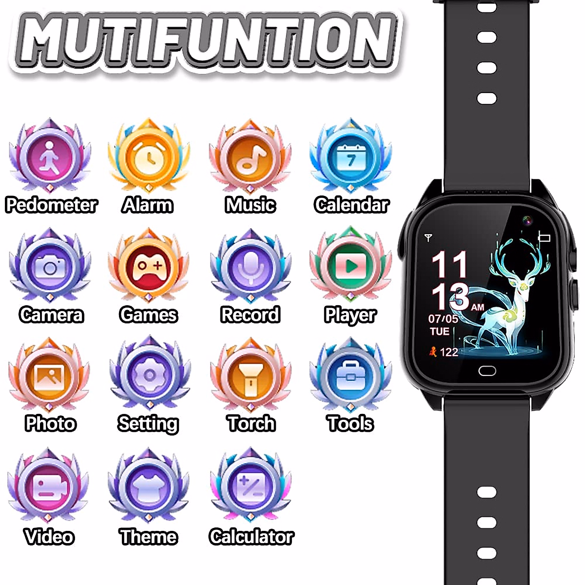 OVV Kids Waterproof Smart Watch Boys Girls Age 3-12 with 26 Game 1.44'' HD Touch Screen Music Player Camera Video Recorder 12/24 Hr Clock Pedometer Alarm Torch Calculator Children Learning Toys