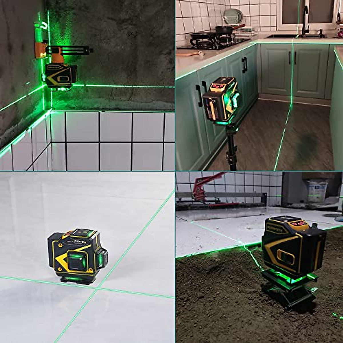 INSPIRITECH Tile Laser Level Self Leveling 3D Alignment Guide,3x360° Horizontal Vertical 12 Cross Lines, Green Beam Lazer Leveler Tool for Floor Ceiling Wall with 2 Lithium Batteries