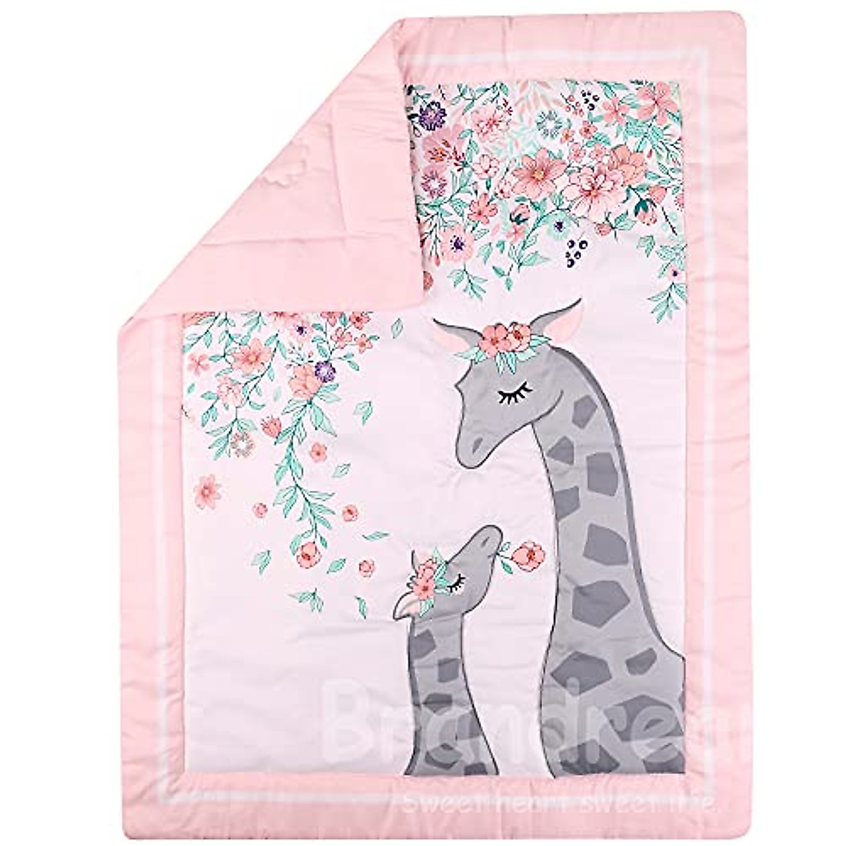 Brandream Nursery Bedding Jungle Animal Crib Bedding Giraffe Family Baby Comforter Set, 6 Piece Farmhouse Floral Girls Boys Cradel Bedding, Grey Pink White