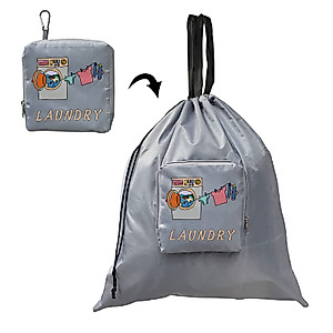 Travel Laundry Bags with Handles and Carabiner, Foldable Dirty Laundry Travel Bag, 24"L X 21"W College Laundry Bag with Drawstring Closure, Lightweight Travel Accessories