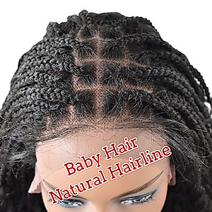 Curve Hair Curly Braided Swiss Lace Front Wigs for Women with Baby Hair Hand Made Crochet Hair Curly Ends Box Braided Wig Heat Friendly Kanekalon Synthetic 18Inches (LL602483C, 1B Black)