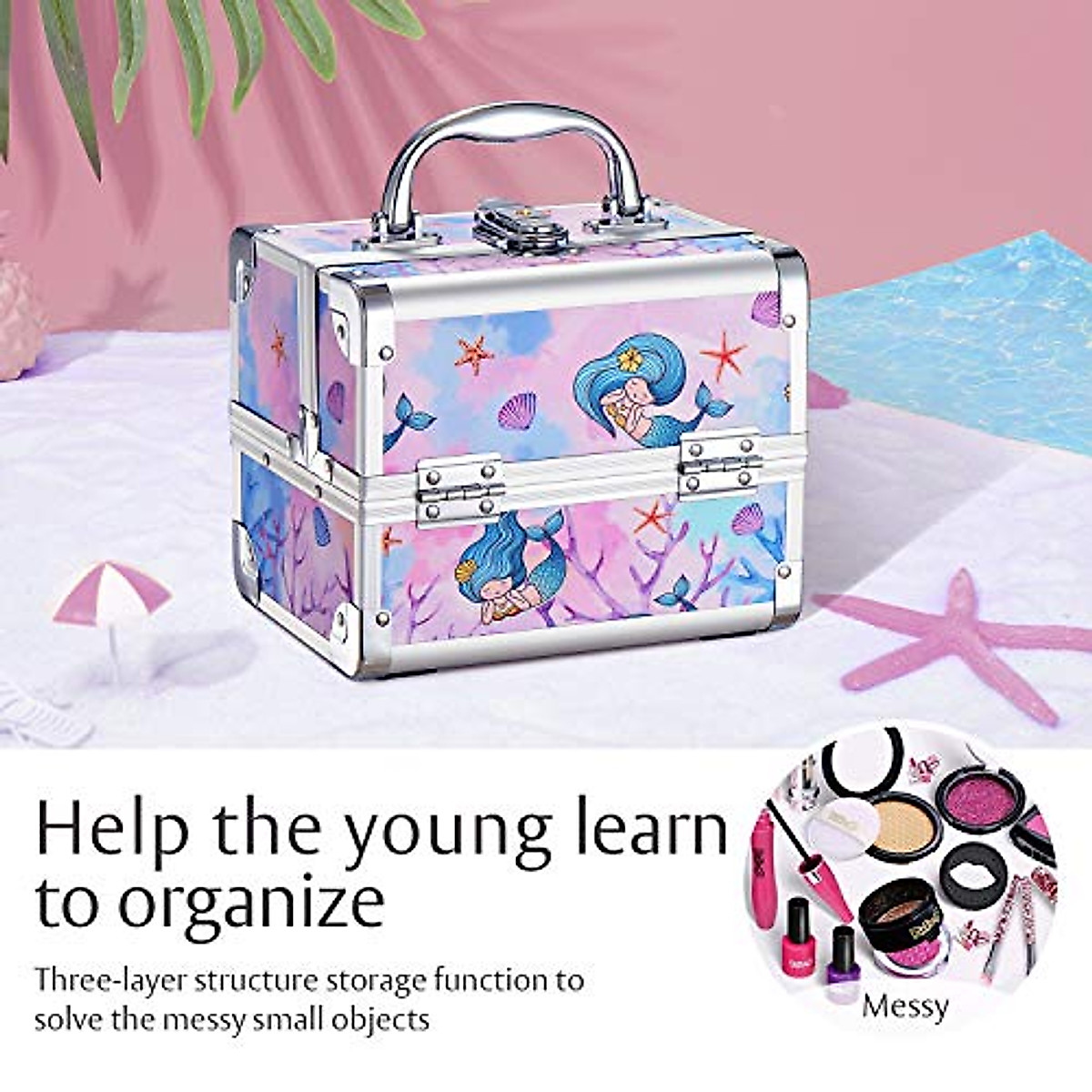 Joligrace Makeup Train Case for Girls Cosmetic Box Kids Jewelry Organizer Hair Accessories Storage Lockable with 2-Tier Trays & Mirror Mermaid Princess