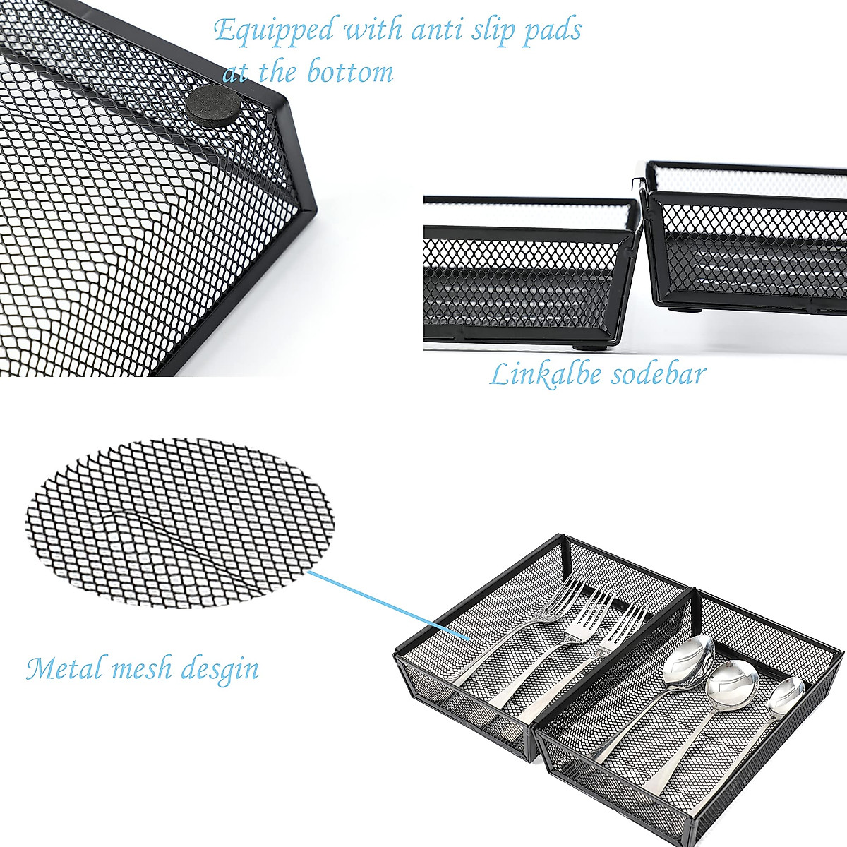 YFEEN Mesh Tray Kitchen Drawer Utensil Cutlery Tray Office Supplies with Inter-locking Arm Drawer Dividers Organizer for Silverware, Flatware, Home,Office, School,Bedroom(9＂X6＂4pack) Black