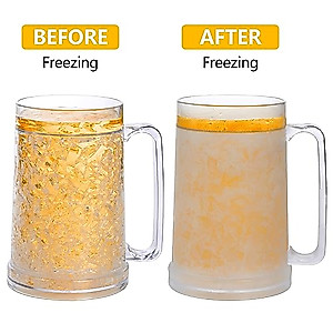 Fasmov Freezer Beer Mugs, 4 Pack Clear Double Wall Gel Frosty Freezer Ice Mugs, Freezer Mugs With Gel Beer Mugs For Freezer, Plastic Beer Mugs With Handles for Parties and Gifts, 16oz