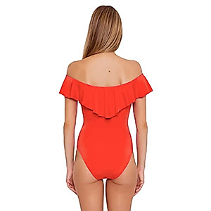 Trina Turk Women's Standard Monaco Ruffled One Piece Bandeau Swimsuit-Off Shoulder, Bathing Suits, Flame, 8