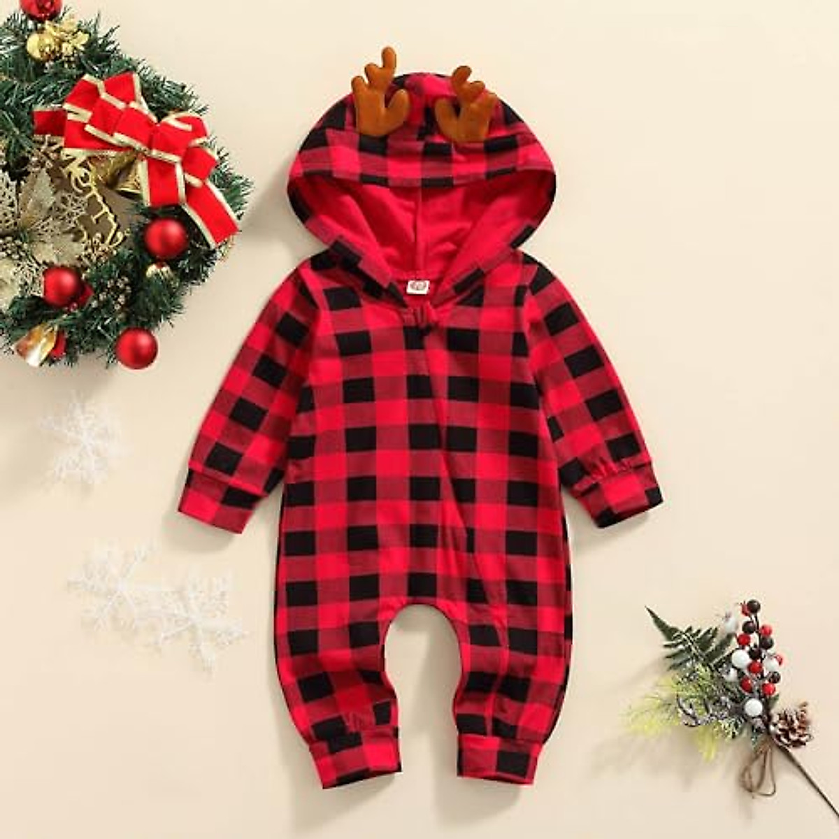 LIOMENGZI Christmas Baby Girl Boy Romper Clothes Red Plaid Checked Hooded Bodysuit Jumpsuit Xmas Toddler Baby Xmas 1st Outfit (Red, 6-12 Months)