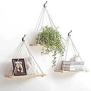 Titanape Macrame Hanging Shelves [Set of 3] Swing Rope Plant Shelf, 100% Natural Wooden Wall Shelves for Nursery Children Room Decor, Boho Shelf for Bedroom Bathroom Dorm Apartment Wall Decor