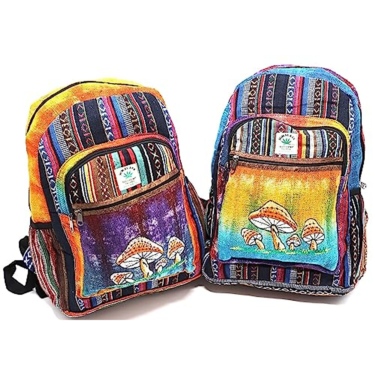 Unique Mushroom Embroidered Tie Dye Himalaya Hemp Hippie Backpack Festival Backpack Hiking FAIR TRADE Handmade with Love. (LARGE)