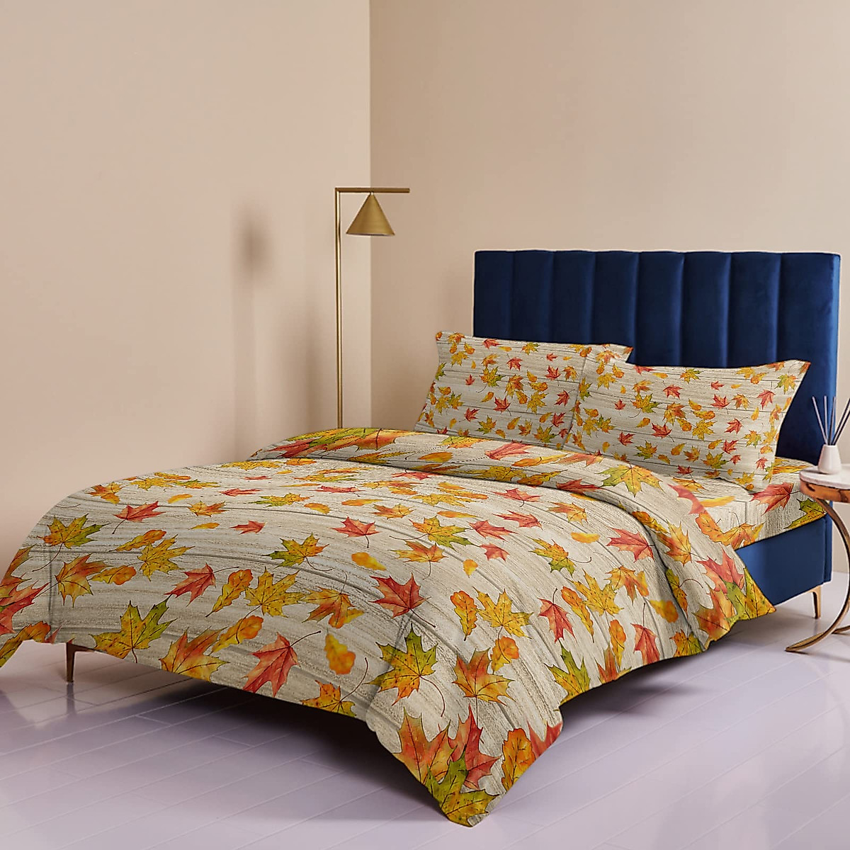 Orange Fall Maple Leaf Farm Wood Grain Thanksgiving Duvet Cover Sets 4 Piece California King Ultra Soft Bed Quilt Cover Set for Kids/Teens/Women/Men,Autumn Leaves Bedding Collection All Season Use