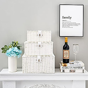 Homepeaz Set of 3 Woven Wicker Storage Basket Box with Lid & Lock, Built-in Carry Handles, Multifunctional Storage Organiser for Nursery, Baby, Clothes, Toys, Books, Large/Medium/Small Size (White)