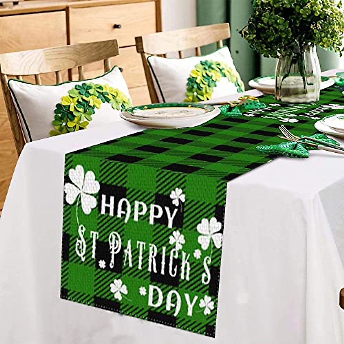 St Patricks Table Runner, Cozy Zestie Spring Green Shamrock Burlap Table Runners Holiday Day Decoration Kitchen Dining Buffalo Plaid Lucky Clover Table Runners for Home Party Decor 13 x 72 Inch