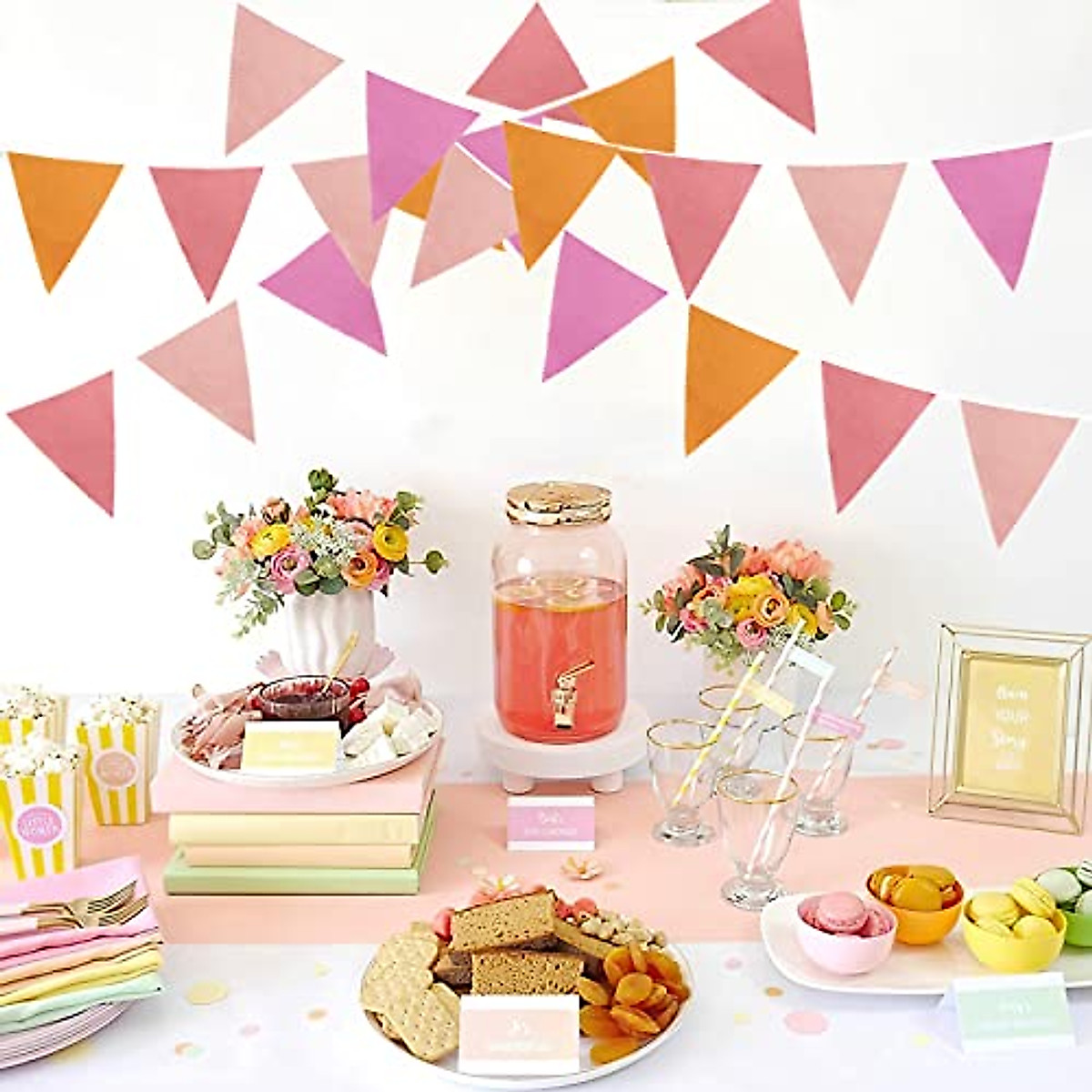 Zwiebeco 39Ft Orange Pink Fabric Bunting Banner Triangle Flags Party Decorations Hanging Cotton Garland Pennant for Engagement Wedding Baby Shower Birthday Festivals Nursery Home Outdoor Garden Decor