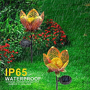 Pannow Large Metal Glass Solar Flowers Yard Art, Garden Solar Lights Outdoor,Solar Powered Stake Lights,Decorative Garden Lights for Walkway,Pathway,Yard,Lawn,2Pack
