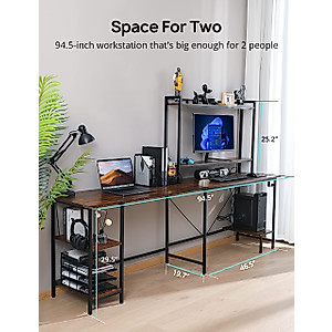 Evajoy Home Office Desk, 94.5” Two Person L-Shaped Gaming Desk with AC Outlets and USB Ports, Double Workstation with Monitor Stand, Computer Corner Desk with Adjustable Shelf for Home,Office,Study