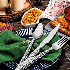 60-Piece Hammered Silverware Set, Stainless Steel Square Flatware Set for 12, Food-Grade Tableware Cutlery Set, Utensil Sets for Home Restaurant, Mirror Finish, Dishwasher Safe