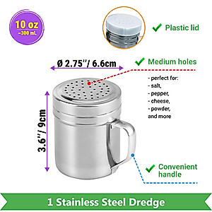 Concession Popcorn Scoop + 10 oz Salt Pepper Dredge Shaker + [100-pcs] 1 oz Red Popcorn Bags (Carnival Theme, Customizable) Bundle