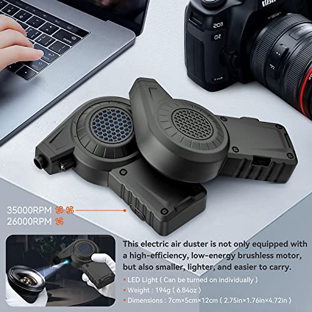 Reesibi Cordless Compressed Air Duster, Professional Air Blower for Camera Lens Cleaning, 35000 RPM 2 Speeds Powerful Electronic Air Duster (LED Light, 2400mAh Rechargeable) for Computer, Keyboard