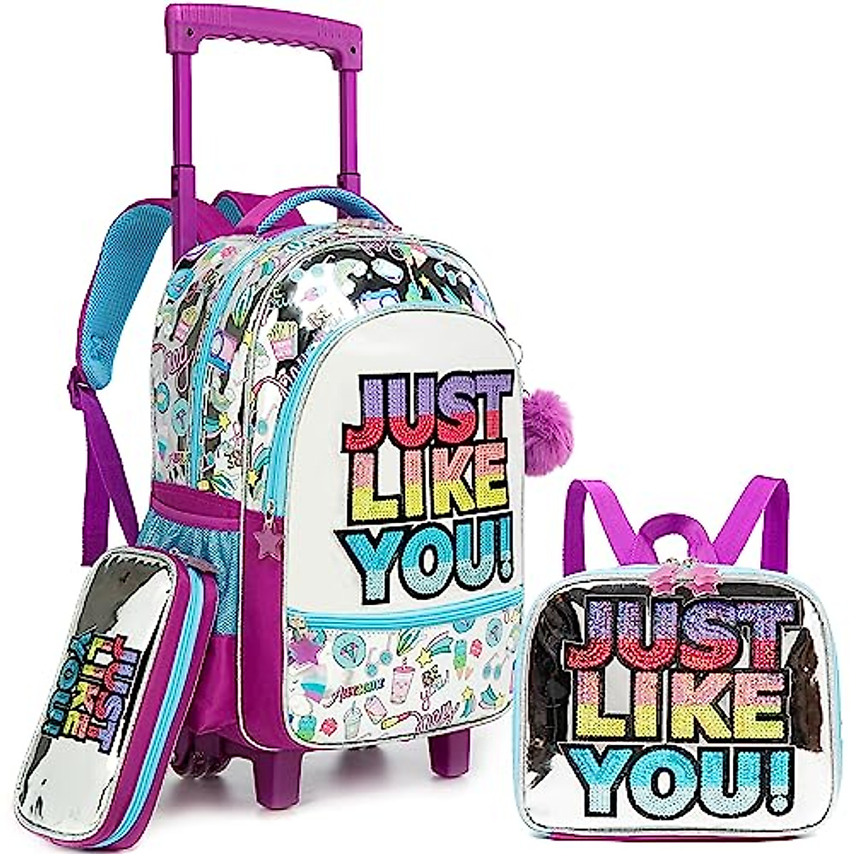 Meetbelify Rolling Backpack for Girls Backpack with Wheels Kids Luggage for Elementary Students with Lunch Box Set for Girls Purple