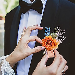 AJOYEGG Wrist Corsage and Boutonniere Set: Corsage Wristlet Band Bracelet Flower and Men Boutonniere Rose Flower Set for Wedding Prom Suit Decoration(Burnt Orange)