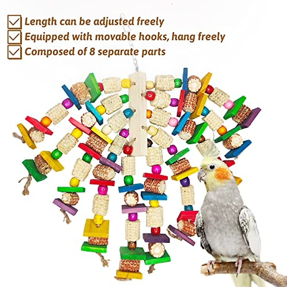 PINVNBY Large Bird Parrot Chewing Toy Parrot Cage Bite Toys Multiple Wood Blocks Bird Toy Natural Wooden Tearing Toy for Cockatoo African Grey Cockatiel Conure and Medium Parrot (Corn)