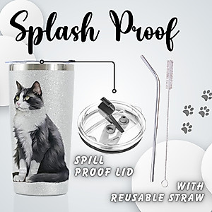 Onebttl Tuxedo Cat Gifts for Tuxedo Cat Lovers, 20 oz Insulated Stainless Steel Tumblers with Lids and Straws, Tuxedo Cat gifts for Birthday Christmas, Glitter Silver