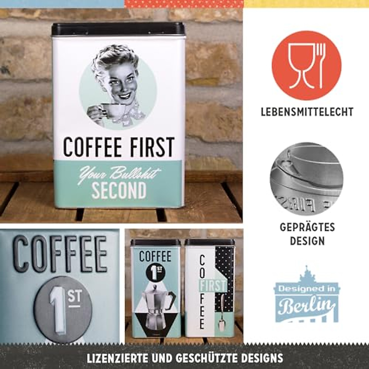 Nostalgic-Art 30146 Coffee First | Storage Jar | Storage Box | Coffee Tin/Metal L, 10 x 14 x 20 cm