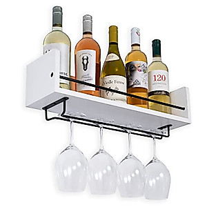 Rustic State William Wall Mount Wooden Wine Bottle and Stemware Rack Glassware Holder Floating Shelf - Home, Kitchen, Dining Room, Bar Décor Storage Organizer - White