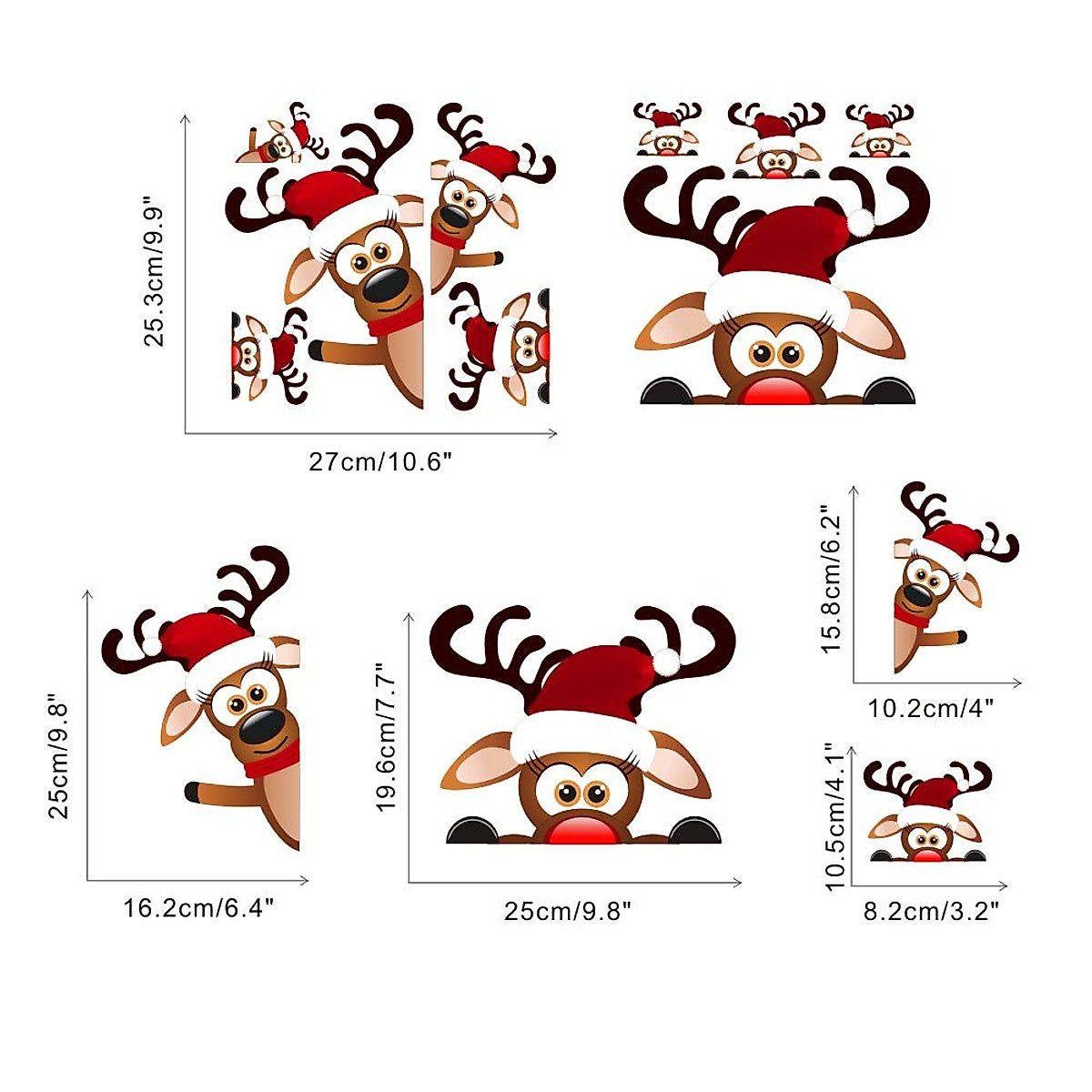 TOARTi Christmas Reindeer Wall Decal,Lovely Christmas Wall Sticker for Kids Room Decoration,Adorable Window Cling Decal,Christmas Home Decals (9 pcs)