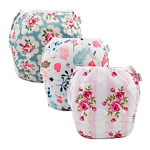 Babygoal Reusable Baby Girl Swim Diapers 3 Pack - Adjustable Washable for 0-8 Months Infants - Ideal for Swimming Lessons - Flower Design