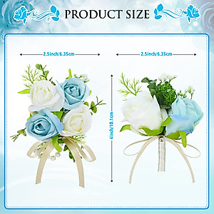 Yunlly 2 Pcs Boutonniere Wrist Corsage Set Artificial Rose Corsage Wristband Boutonniere Flower Decor Wrist Corsage for Men Women Bride Bridesmaids Wedding Accessories Prom Suit Decor (Blue, White)