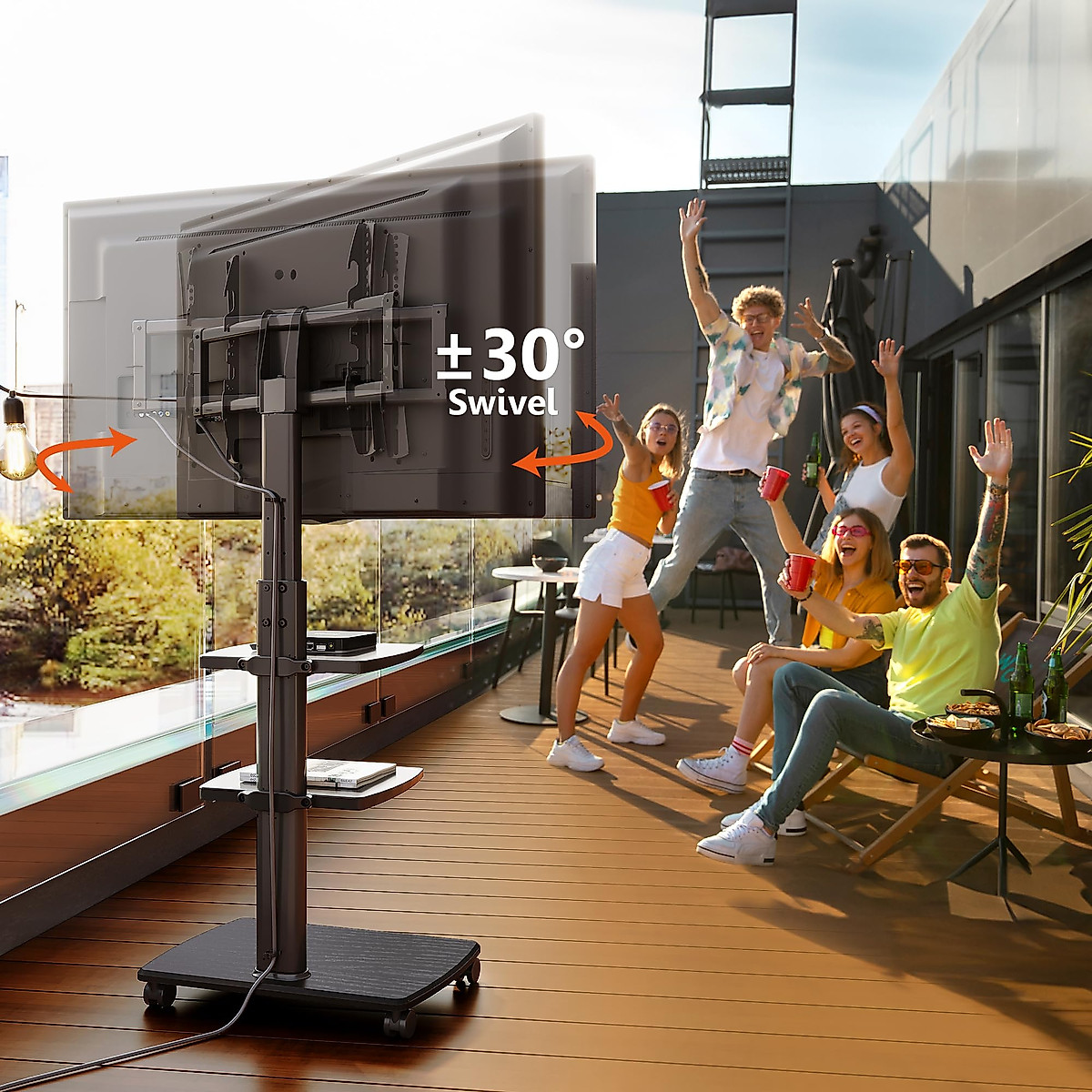 FITUEYES Rolling TV Stand, Mobile TV Cart on Wheels for 32 - 65 70 Inch Flat Screen TVs, Tall TV Floor Stand with Swivel Mount, Corner TV Stands for Bedroom, Outdoor, Home Office, Small Dorm, Black