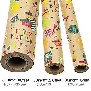 RUSPEPA Kraft Wrapping Paper Roll - Birthday Party Pattern - 30 Inches x 100 Feet