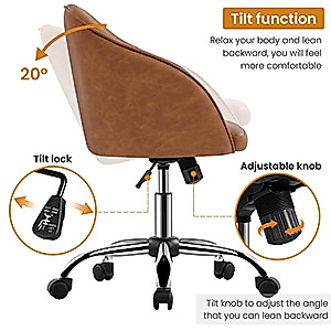 Yaheetech Faux Leather Desk Chair, Makeup Vanity Chair with Adjustable Tilt Angle, Swivel Office Chair Upholstered Armchair Study Chair for Bedroom and Makeup Room Retro Brown