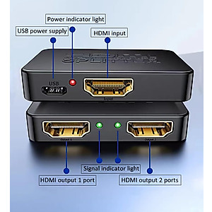 HDMI Splitter 1 in 2 Out, 4K HD Hdmi Screen Splitter Switcher 1 Female to 2 Female 1080P Audio Video Output, for TV, Monitors, Projector, Laptop, Computer, with HDMI/USB Cable [ Not Extend]