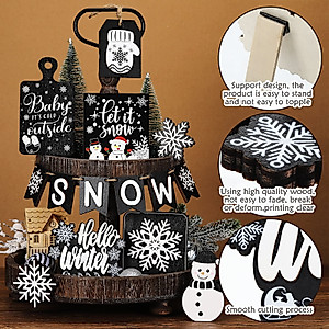 BBTO 14 Pcs Winter Tiered Tray Decor Black and White Snowflake Table Wood Decor Hello Winter Wood Blocks Signs for Home Decor(Classic Style)