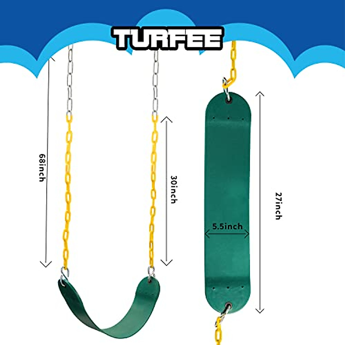 TURFEE Heavy Duty Swing Seat Green Color with 66” Chain, Swing Set Accessories Replacement with Snap Hooks for Kids Outdoor Play Playground Trees, Swing Set
