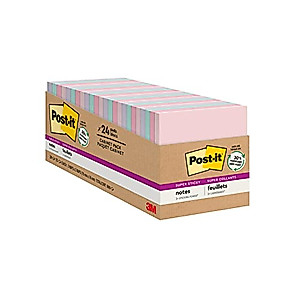 Post-it Super Sticky Recycled Notes, 3x3 in, 24 Pads, 2x the Sticking Power, Wanderlust Collection, Pastel Colors, 30% Recycled Paper (654-24NH-CP)