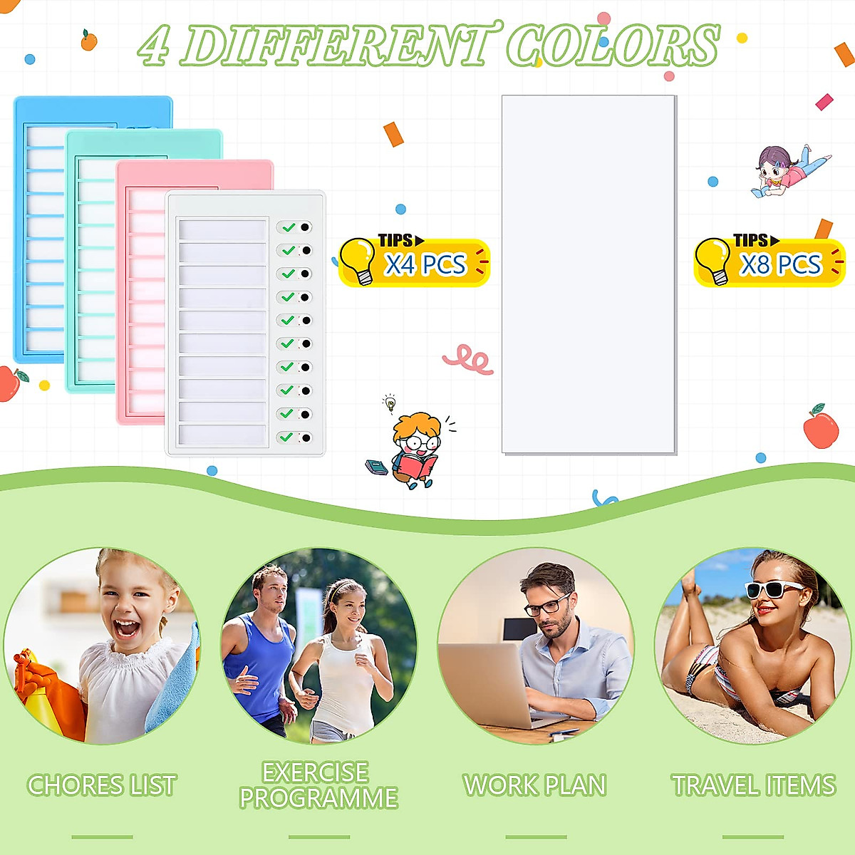 4 Pcs Blank Chore Chart for Kids, Plastic Checklist Board with 8 Detachable Cardstock for Home Routine Planning