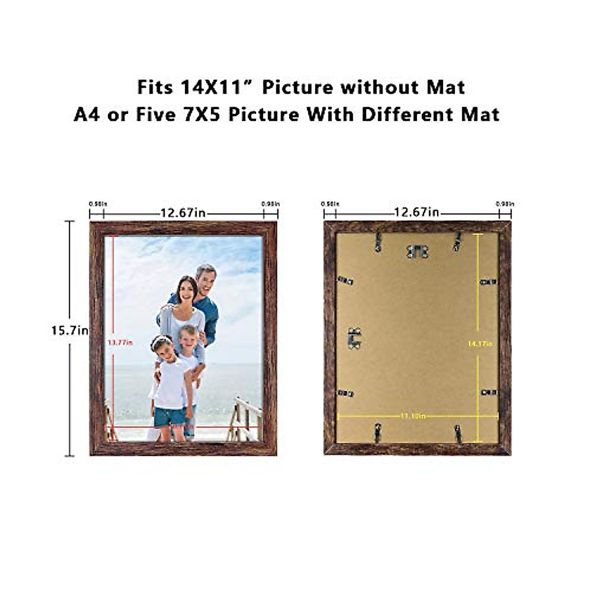 Q.Hou 11x14 Picture Frames Wood Patten Rustic Brown Set of 2, Each Frame with 2 Mats,Display A4 or Five 5x7 Photos with Mat & 11x14 Picture Without Mat for Wall Mount (QH-PF11X14-BR)