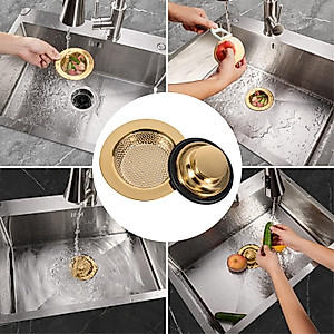 RQYEKDO Kitchen Sink Strainers Sink Stopper Kits, Stainless Steel Sink Drain Strainer Set, Large Wide Rim 4.5" Diameter Food Catcher Garbage Disposal Plug for Most Sink Drains Basket Filter（Gold）