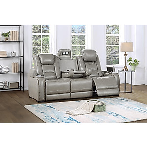 New Classic Furniture Breckenridge Leather Sofa with Power Footrest and Headrest, Light Gray