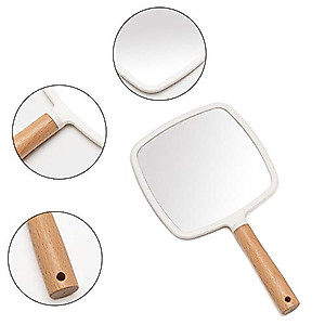 YEAKE Hand Held Mirror with Handle for Makeup,Small Cute Wood Hand Mirror for Shaving with Hole Hanging Single-Sided Portable Travel Vanity Mirror for Men&Women(Square)
