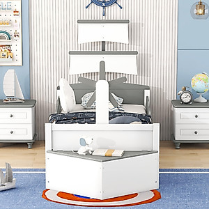 Harper & Bright Designs Kids Twin Bed with Trundle and Storage, Solid Wood Boat-Shaped Platform Bed Frame, No Box Spring Needed, for Girls Boys Bedroom (Twin Size, Gray)