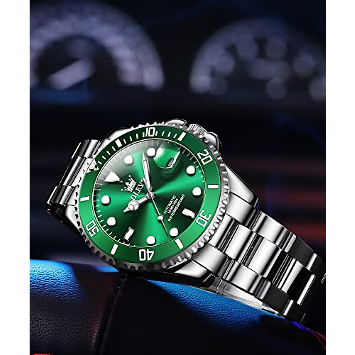 Men Automatic Wirst Watches Self Winding Silver And Green Automatic Watches for Men Mechanical Waterproof Big Face Stainless Steel Date No Battery Watches Man Luminous Submariner Wristwatch Gift