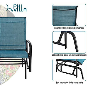 PHI VILLA 2 Seats Patio Glider Bench, Outdoor Swing Glider Loveseat Chair for 2 Person, Lawn Garden Deck Rocking Seating of Sling Fabric & Steel Frame, Blue