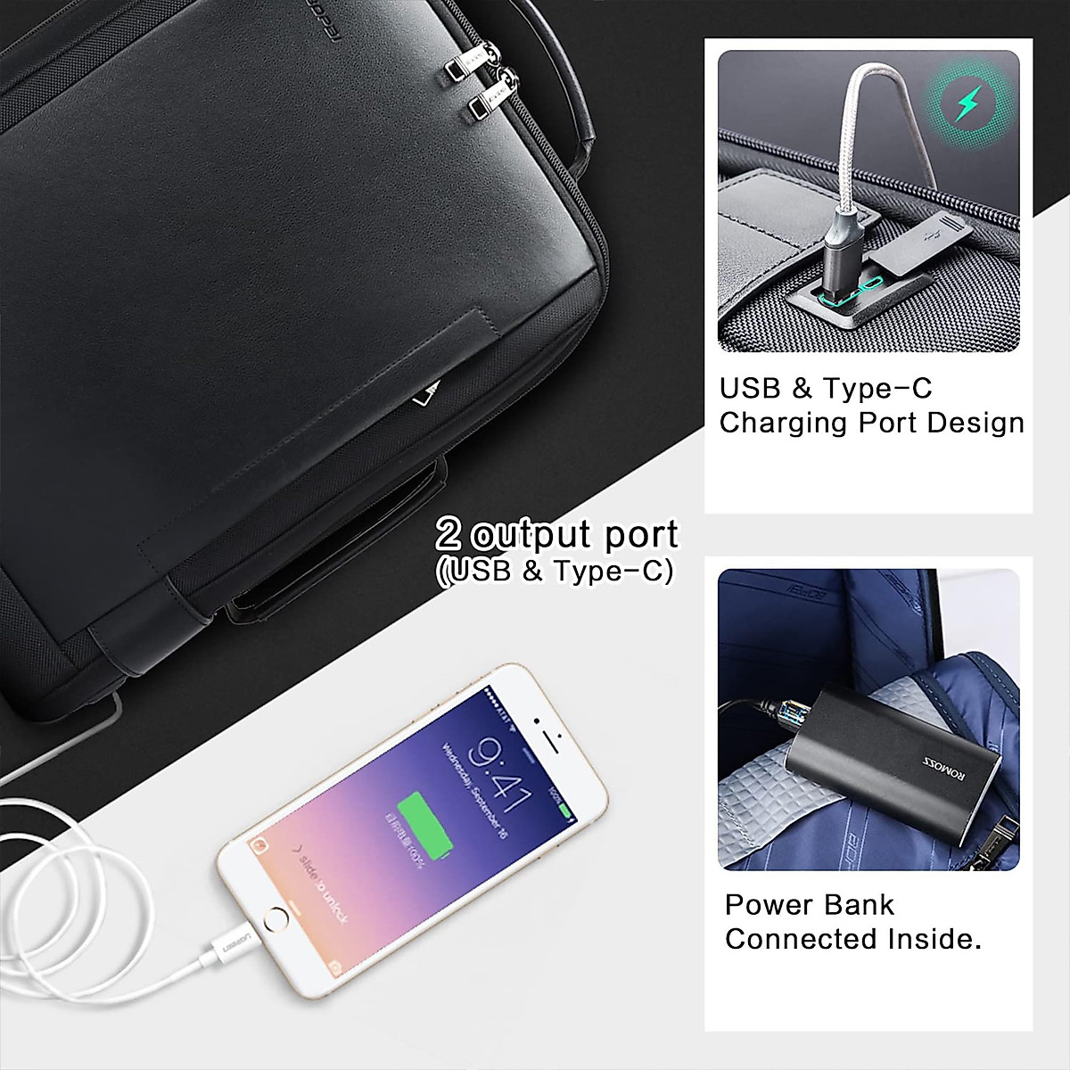 BOPAI Business Smart 15.6 inch Laptop Backpack Convertible expandable large Anti-Theft Rucksack USB Charging and Water Resistant Multi-Functional Travel Friendly Men Black Backpack